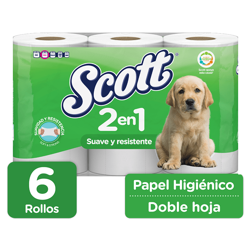 Papel Higiénico Scott 2 en 1|Doble Hoja|6 Rollos